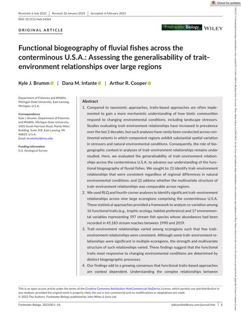 Pdf Functional Biogeography Of Fluvial Fishes Across The Conterminous