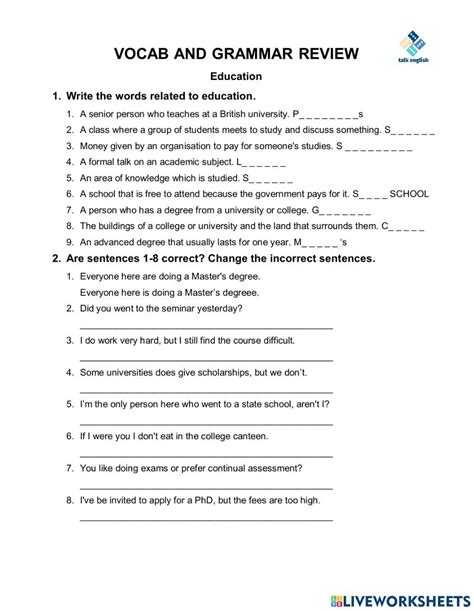 Vocab And Grammar Review Education Worksheet Live Worksheets
