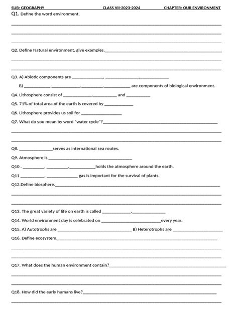 Class 7 Geo Worksheet Pdf Natural Environment Oceanography