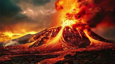 Erupting Volcano With Cascading Hot Color Lava Surrounded Thick White
