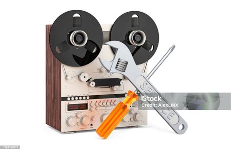 복고풍 릴 투 릴 테이프 레코더의 수리 및 서비스 흰색 배경에 격리 된 3d 렌더링 3차원 형태에 대한 스톡 사진 및 기타 이미지 3차원 형태 가사 집안일 가정 생활