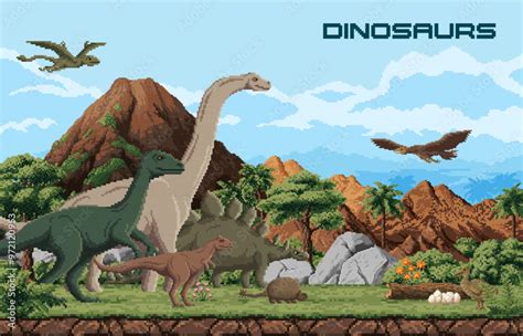 8 Bit Pixel Art Prehistoric Dinosaurs And Jurassic Lizards In Forest