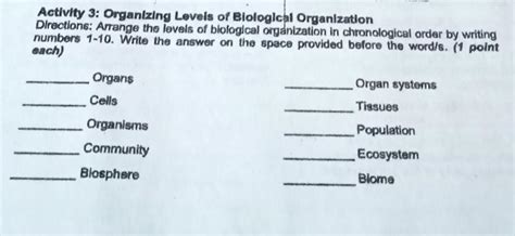Activity 3 Organizing Levels Of Biological Organization Directions Arrange The Levels Of