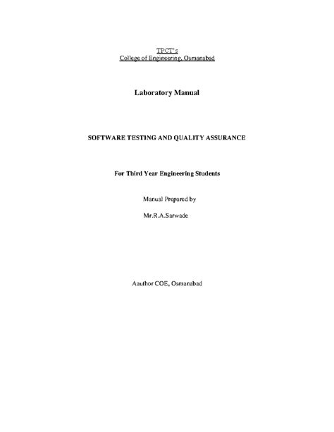 Stqa Tpcts College Of Engineering Osmanabad Laboratory Manual Software Testing And Quality