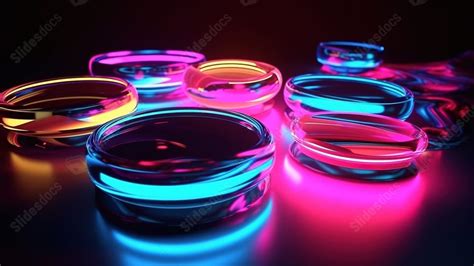 무료 햇빛을 반사하는 네온 핑크색 파란색 및 노란색 원형 플레이트를 특징으로 하는 생생한 3d 렌더링 Ppt 배경 Slidesdocs