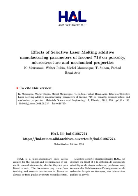 Pdf Effects Of Selective Laser Melting Additive Manufacturing Parameters Of Inconel 718 On