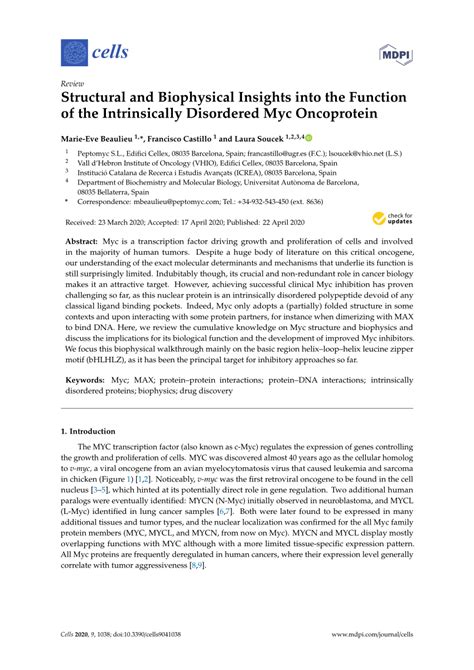Pdf Structural And Biophysical Insights Into The Function Of The Intrinsically Disordered Myc