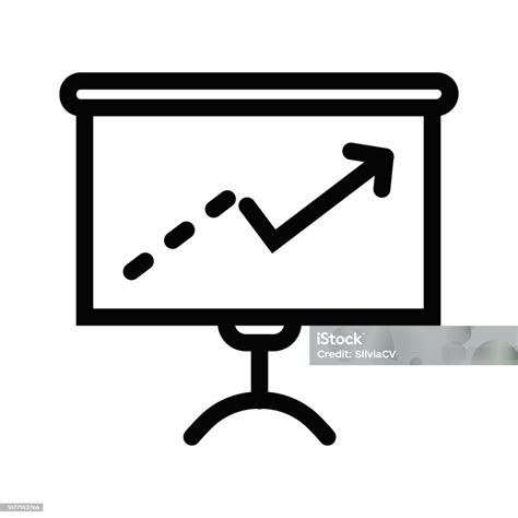 프로젝터의 검은색 선 아이콘은 흰색 배경에 윤곽선 아이콘을 분리했습니다 그래프 차트 및 막대 성장 아이콘에는 증가 화살표가 있습니다 벡터 꺾은선형 차트와 막대 그래프 데이터