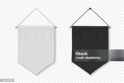 벡터 3d 사실적 빈 흰색과 검은 페넌트 벽 매달려 디자인 템플릿 모형 페넌트 클로즈업 격리 빈 패브릭 플래그 광고 캔버스 배너 페넌트 세트 배너 표지판에 대한 스톡 벡터