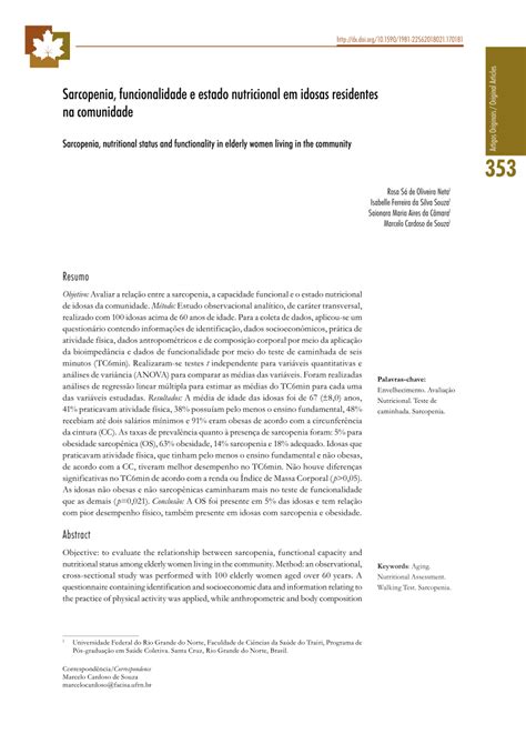 Pdf Sarcopenia Nutritional Status And Functionality In Elderly Women