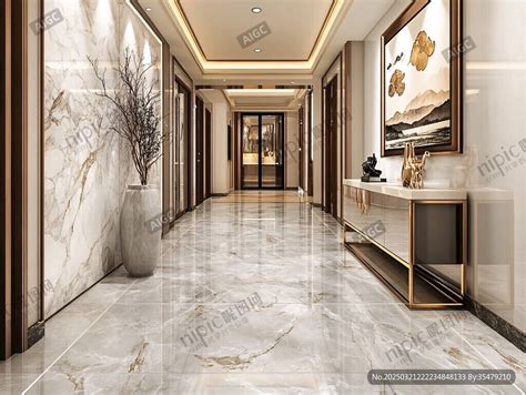 Ai创作图大厅 豪华 艺术 装饰 大理石 花瓶 枝条 墙画 木制柜台 金色点缀 嵌入式照明 现代设计 昵图网