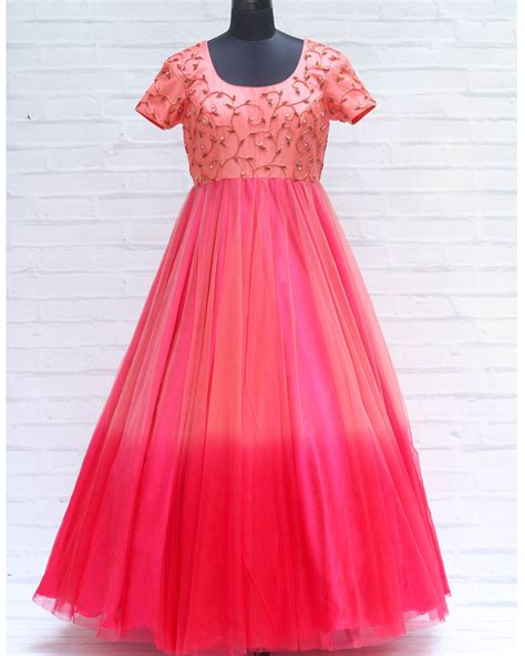 Buy Deep Pink And Coral Color Gradient Stylished Hand Worked Gown