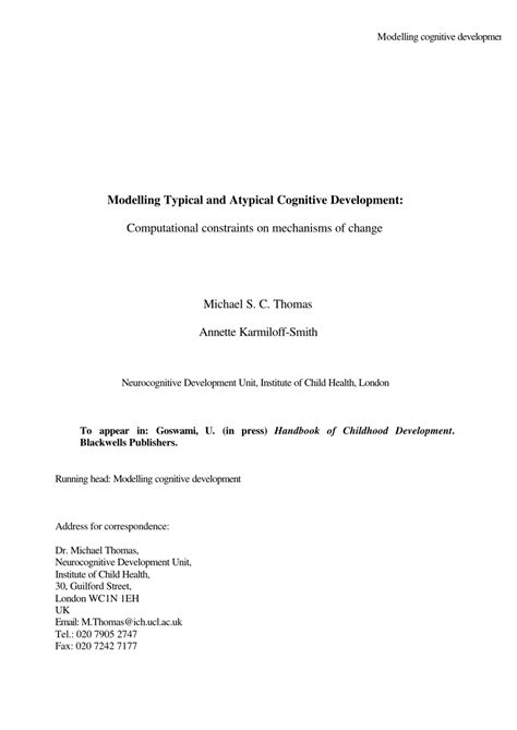 Pdf Modelling Typical And Atypical Cognitive Development