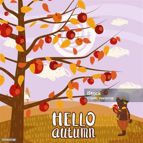 안녕하세요 가을 사과 나무 사과 풍경 과일 수확 시즌 레터링 바지에 귀여운 곰 트렌드 스타일 평면 만화 파노라마 수평선에 일러스트 벡터 절연 배너 엽서 포스터 10월에 대한