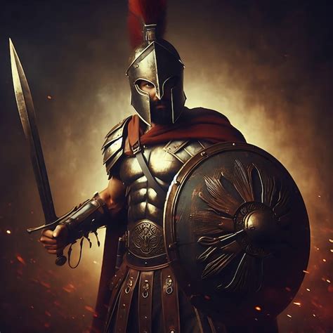 Premium Photo Gladiator Holding A Sword And Shield With Sparks Of Heat