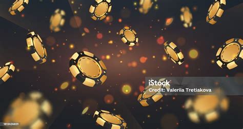떨어지는 황금 포커 칩 금색 조명 반짝임과 보케가 있는 검은색 배경에 토큰 카지노 게임 디자인 전단지 포스터 배너 웹 광고에 대 한 벡터 일러스트 레이 션 겜블링 칩에 대한
