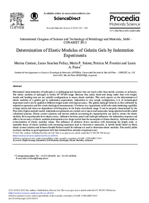 Pdf Determination Of Elastic Modulus Of Gelatin Gels By Indentation Experiments Patricia