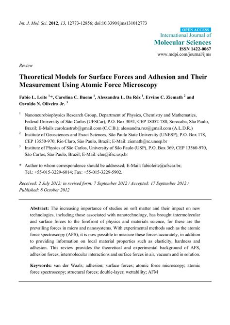 Pdf Theoretical Models For Surface Forces And Adhesion And Their Measurement Using Atomic