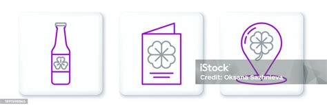 세트 라인 위치 및 4 잎 클로버 맥주 병 및 성 패트릭 데이 전단지 브로셔 엽서 아이콘 벡터 4가지 개체에 대한 스톡 벡터 아트 및 기타 이미지 Istock