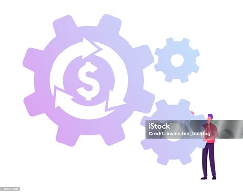 달러 기호 및 루프 화살표와 사업가 롤링 톱니 바퀴 메커니즘 환전 투자 수익률 보험 대출 재융자 개념 환불 주식 시장 만화 플랫 벡터 일러스트 기계 부분에 대한 스톡 벡터