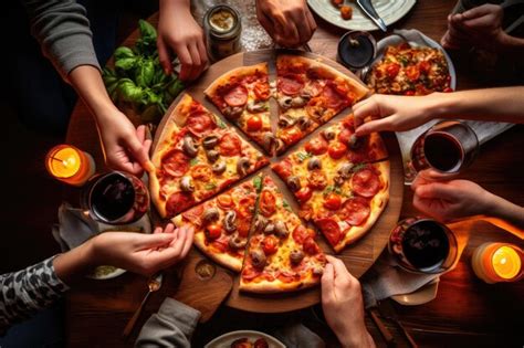 Grupo De Amigos Comendo Pizza Na Mesa Vista Aproximada De Cima Amigos Comendo Pizza Juntos Em