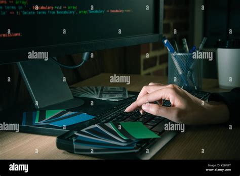 Closeup Photo Of Female Hacker Using Computer Internet System And Typing Data Steal Credit Card