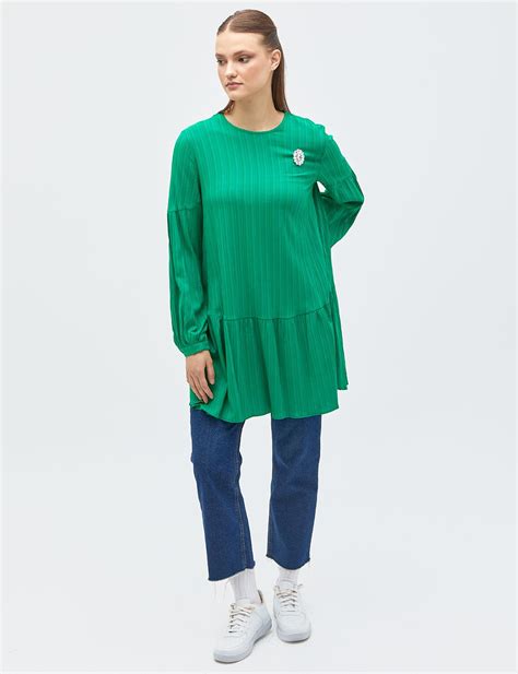 Flowy Round Neck Collar Tunic Grass Green