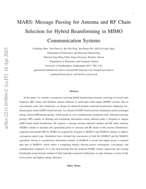 Pdf Mars Message Passing For Antenna And Rf Chain Selection For Hybrid Beamforming In Mimo