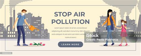 대기 오염 웹 배너 템플릿을 중지합니다 환경 보호 이산화탄소 배출 방지 도시 산업 스모그 수평 착륙 페이지 호흡보호구 만화 캐릭터에 있는 사람들 0명에 대한 스톡 벡터 아트