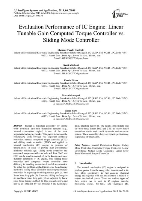 Pdf Evaluation Performance Of Ic Engine Linear Tunable Gain Computed Torque Controller Vs