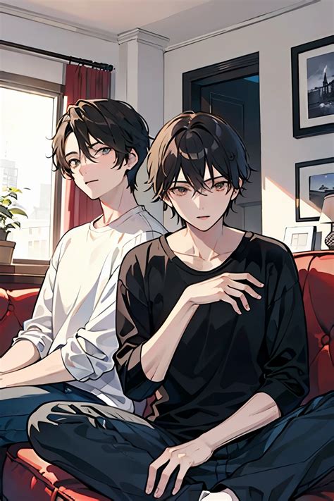 두 젊은 남성이 빨간 소파에 앉아 있는 애니메이션 이미지 Seaart Ai