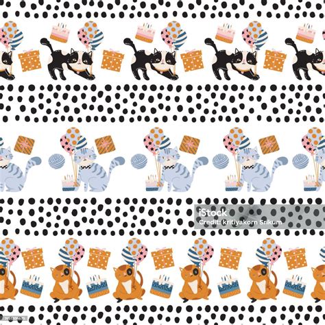 귀여운 파티 고양이 생일 테마 완벽 한 패턴 벡터 일러스트 레이 션 0명에 대한 스톡 벡터 아트 및 기타 이미지 0명 계절 고양이 새끼 Istock
