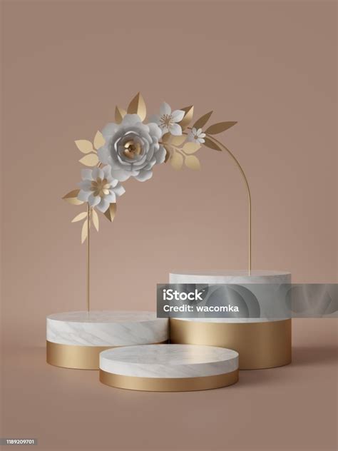 3d 렌더링 대리석 연단 둥근 받침대 아치 종이 꽃 꽃 꽂이 베이지 색 배경에 고립 포스터 템플릿 빈 모형 추상적인 미니멀 한 패션 디자인 럭셔리 컨셉 0명에 대한 스톡