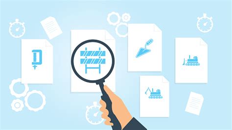 검색 아이콘으로 문서작성합니다 파일 및 돋보기 분석 연구 기호입니다 벡터 일러스트레이션 건물 콘크리트 파일 문서 연구 벡터