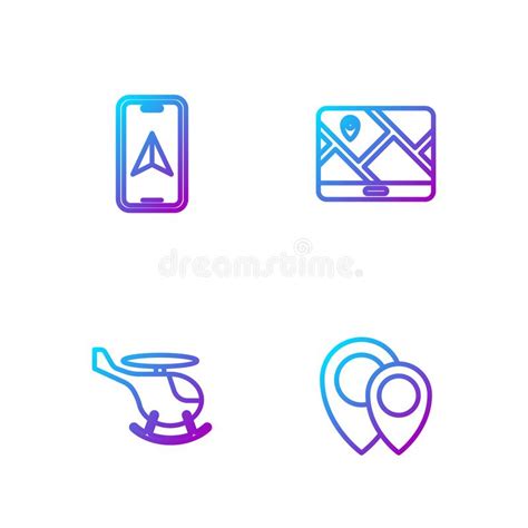Set Line Location Helicopter City Map Navigation And Gradient Color Icons Stock Vector