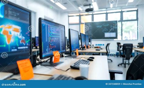 modern classroom with high tech computers and programming screens showcasing collaborative