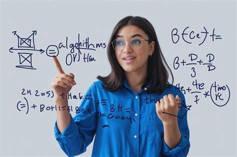Mujer Joven Con Camisa Azul Explicando Algoritmos Ecuaciones Matemáticas Tecnología Educativa