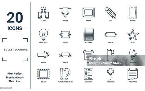 불릿 저널 선형 아이콘 세트입니다 얇은 선 클램프 전구 화살표 스탬프 찢어진 페이지 노트북 보고서 프리젠 테이션 다이어그램 웹 디자인 용 번개 아이콘 포함 0명에 대한 스톡