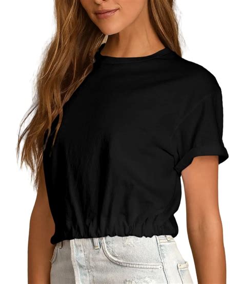 Tankaneo Womens Crew Neck Cropped T Shirt Drop Shoulder Short Sleeve Elastic Hem Crop Tops
