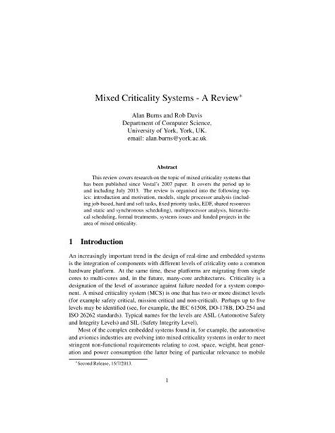 Mixed Criticality Systems A Review University Of York