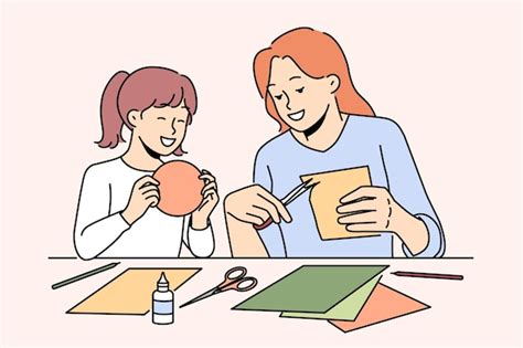 웃는 엄마와 딸이 예술과 공예를 즐깁니다 프리미엄 벡터