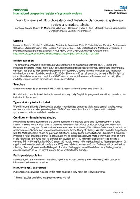 Pdf Prospero Very Low Levels Of Hdl Cholesterol And Metabolic Syndrome A Systematic Review