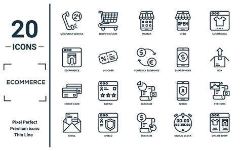 전자 상거래 선형 아이콘 세트 얇은 라인 고객 서비스 전자 상거래 신용 카드 이메일 온라인 상점 환전 보고서 프리젠 테이션 다이어그램 웹 디자인을위한 통계 아이콘 포함 0