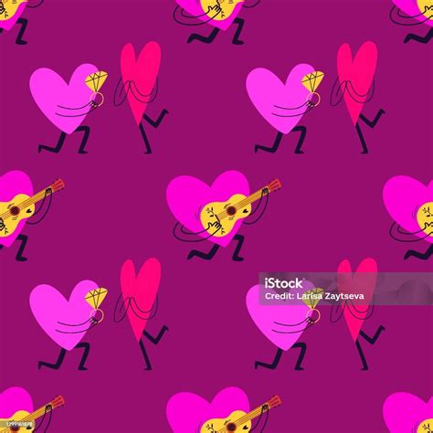 만화 하트와 매끄러운 핑크 패턴 연인이 하트 모양의 캐릭터 옆에 노란색 기타를 연주합니다 분홍색 색상의 벡터 스톡 일러스트레이션