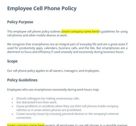 Employee Cell Phone Policy Template Etsy