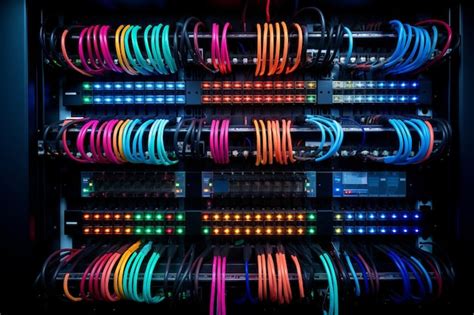 Premium AI Image Cascading Colors Vibrant Network Cables Interconnected On Switch Panel In