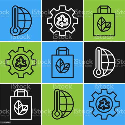 세트 라인 기상 온도계 측정 재활용 및 재활용 기호 및 기어 아이콘종이 쇼핑 백 벡터 가방에 대한 스톡 벡터 아트 및 기타