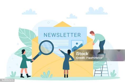 Email Message Subscription Tiny People Looking Through Magnifying Glass At Newsletter Stock