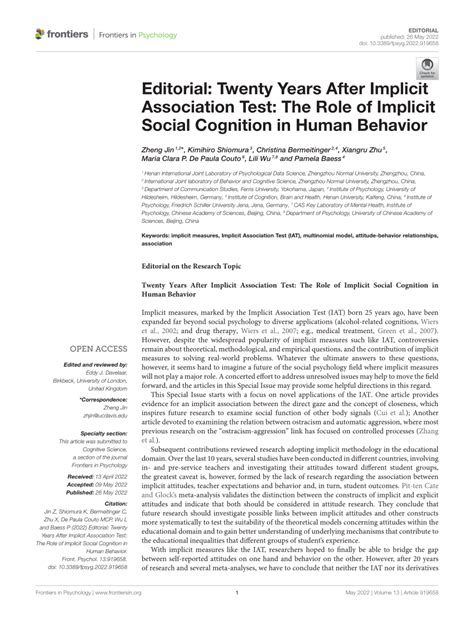 Pdf Editorial Twenty Years After Implicit Association Test The Role