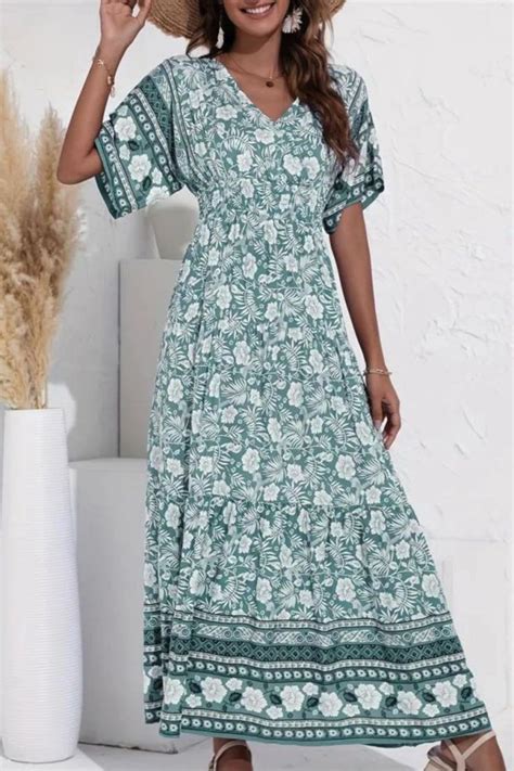 Boho Floral Print Maxi Dress V Neck Half Sleeve Casual Dress For
